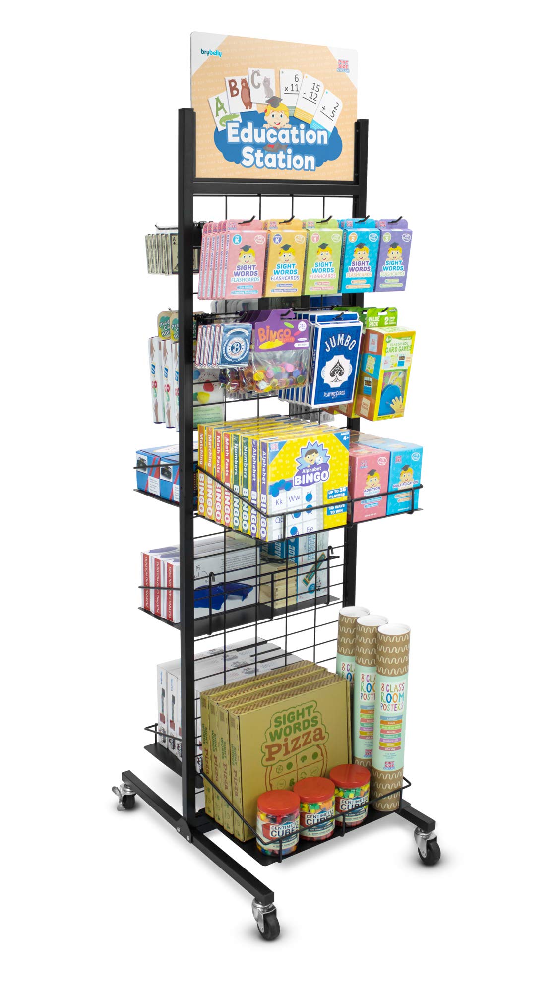 Brybelly Rolling Retail Display Merchandising Rack Store Fixture, 66" Tall x 28" Footprint, Includes 50 Peg Hooks and 4 Shelves