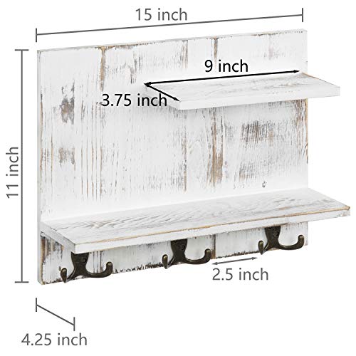 MyGift Shabby Whitewashed Wood Wall Mounted Storage Organizer Shelf with 6 Hooks
