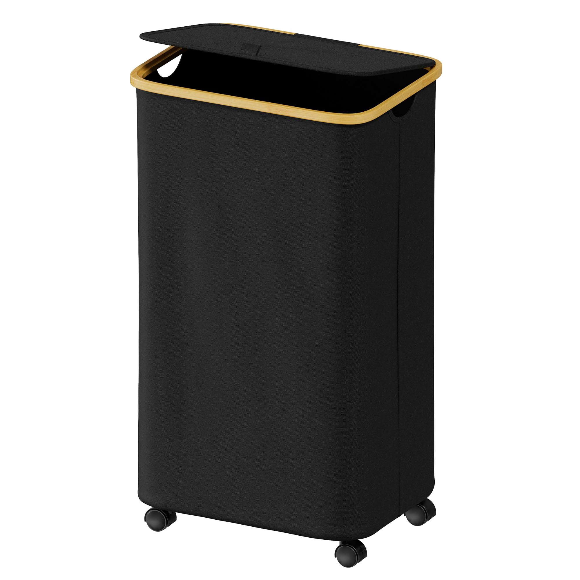 SUOCO Laundry Hamper with Wheels and Lid, 26 Gal (100L) Clothes Basket with Bamboo Handles, Large Foldable Laundry Hamper for Bedroom, Bathroom, Dorm, Laundry Room - Black