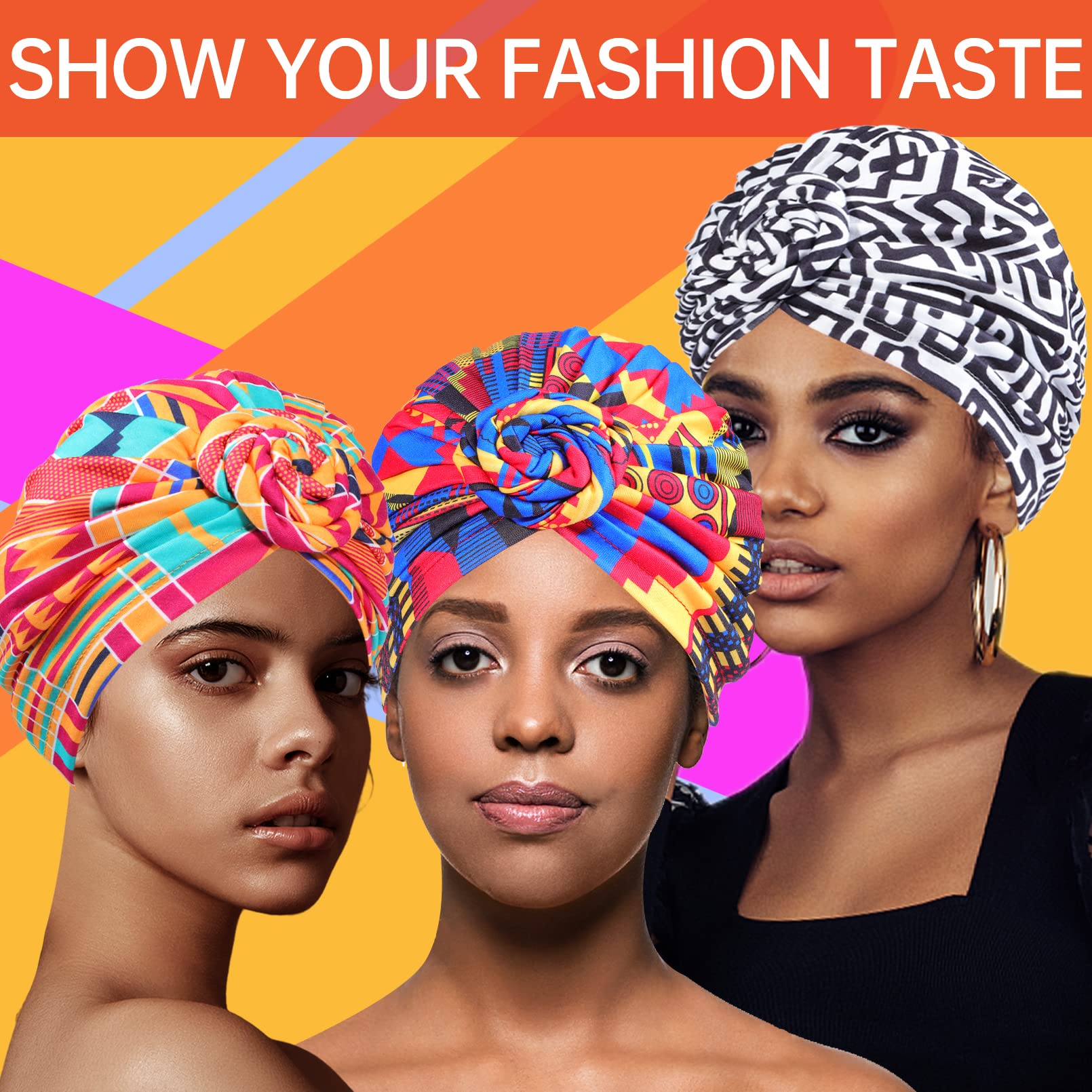 3PCS African Turban for Women,Flower Knot Headwraps,Pre-Tied Bonnet Beanie Cap,Elastic Head Wraps Hat,Hair Loss Hat Chemo Cap