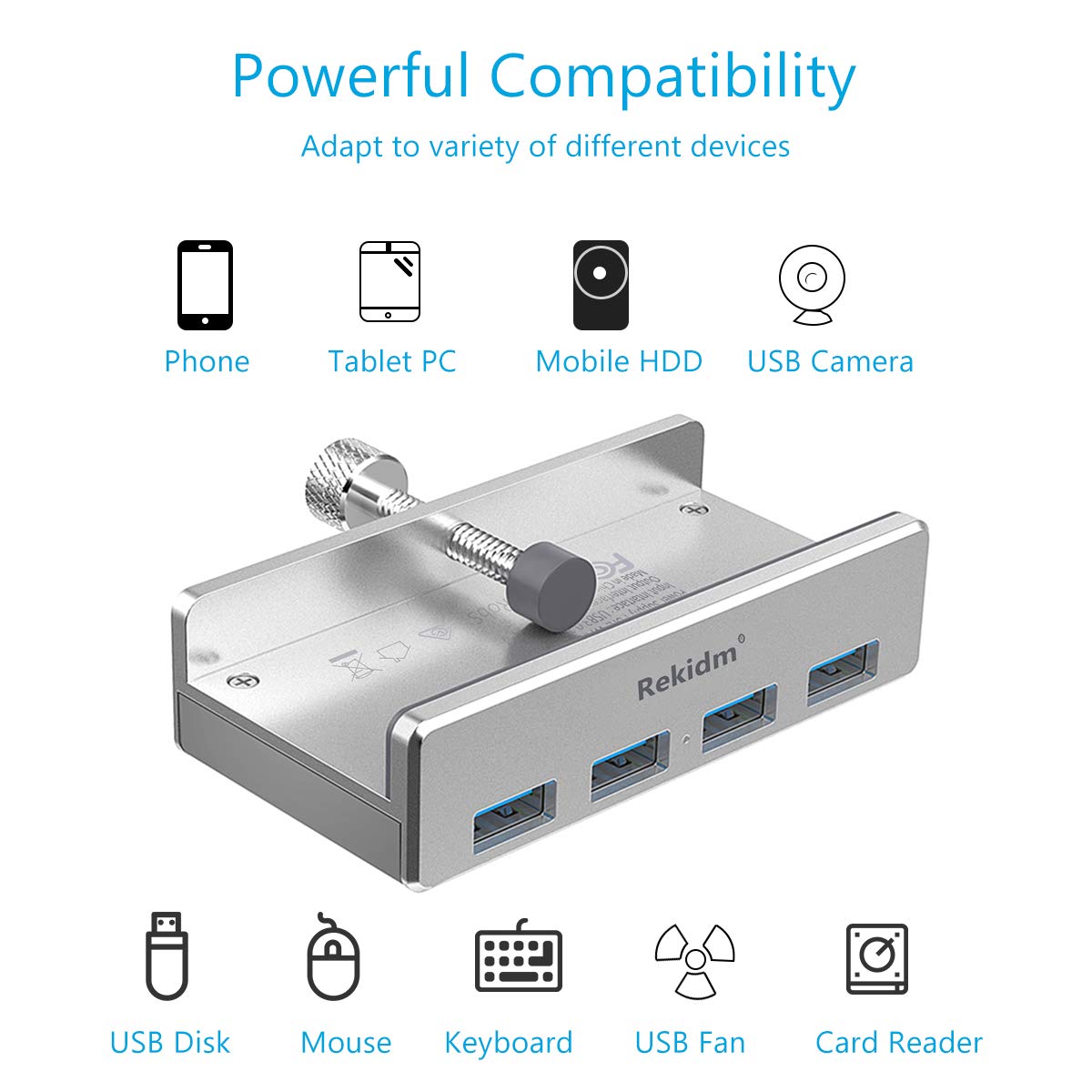Powered USB Hub 3.0 – Rekidm USB Hub with Extra Power Supply Port, Aluminum Clamp for Desktop, Computer, PC, Table Edge with Durable Adjustable Clip, Compact Space-Saving Mountable USB Hub (Silver)