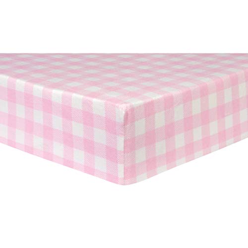 Pink and White Buffalo Check Deluxe Flannel Fitted Crib Sheet-Buffalo Check Print, Cotton Flannel, Pink, White, Fully Elasticized, 10 in Deep Pockets, Fits Standard Crib Mattress 28 in x 52 in