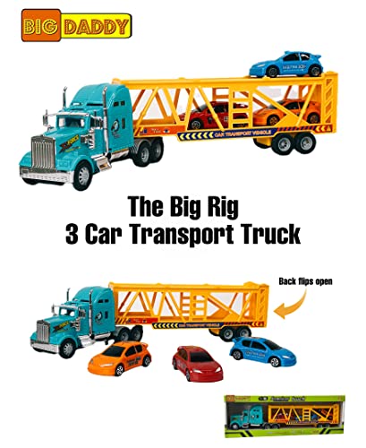 Big Daddy Heavy Duty Tractor Trailer Race Car Carrier Toy Truck with 3 Cars Bundle
