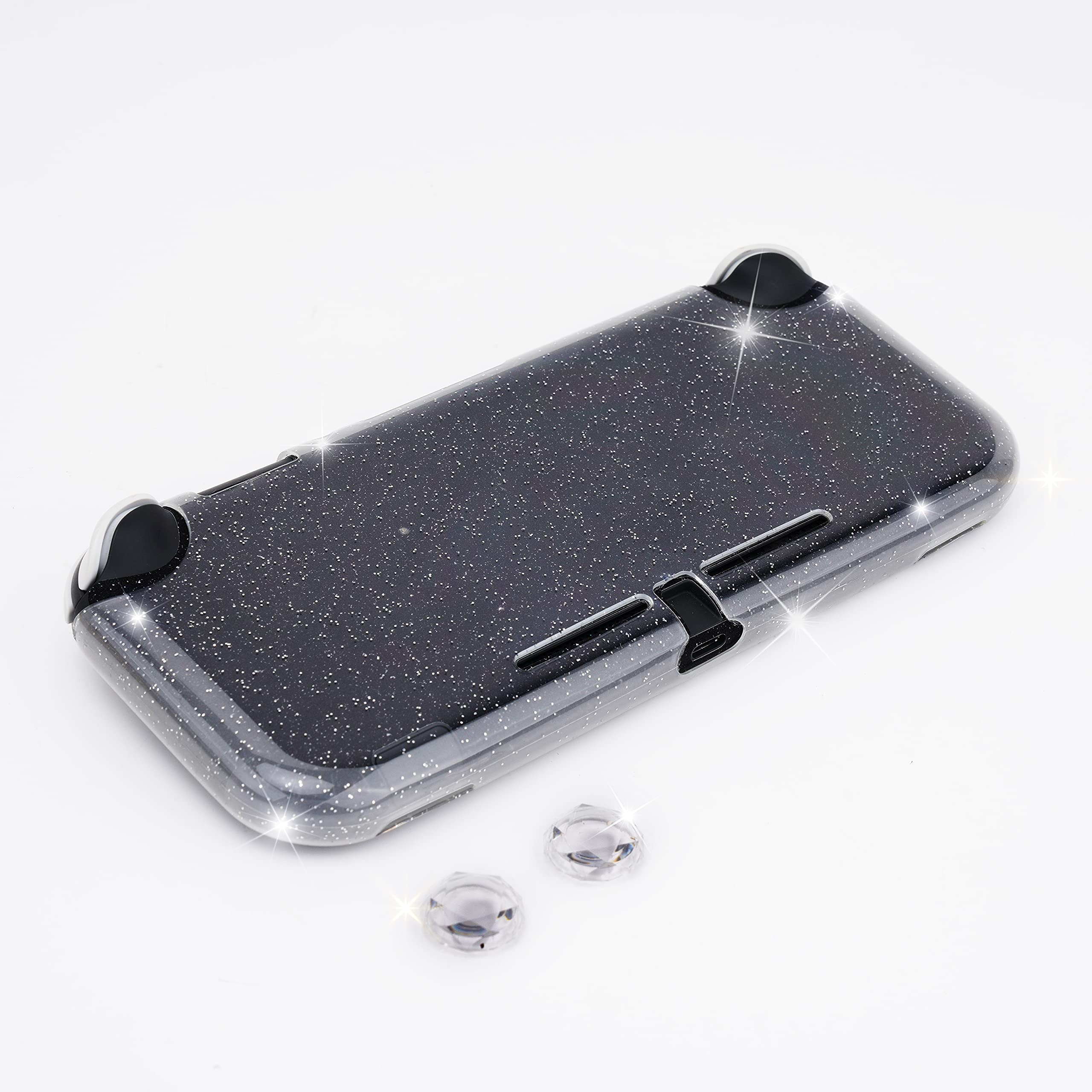 BelugaDesign Glitter Switch Bundle | Clear Snap on Case, Vinyl Wrap, Crystal Thumb Grips | Shiny Cute Pastel Accessories | Compatible with Nintendo Switch (Switch Lite, Black)