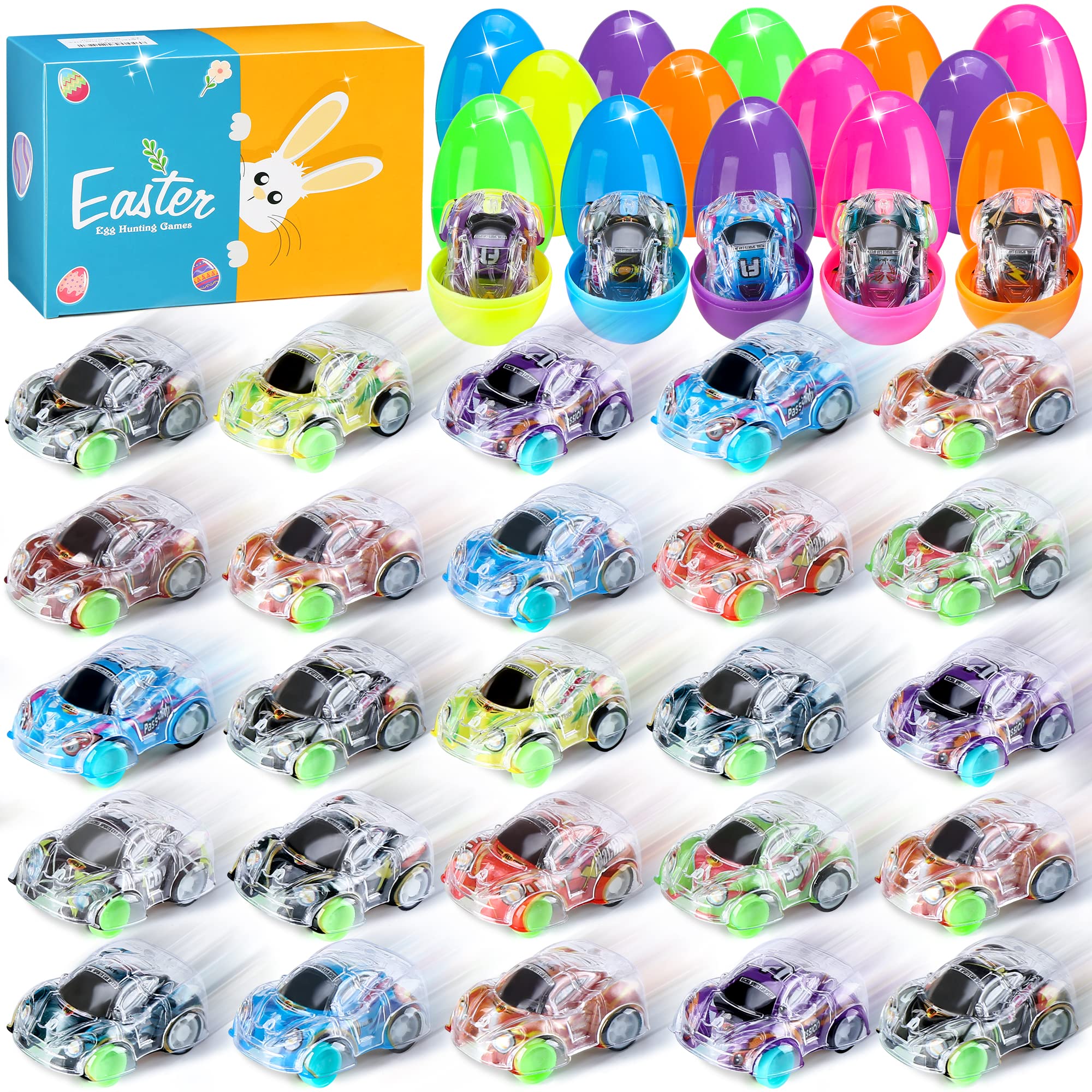 30Pack Easter Eggs With Pull-Back Car Toys, Easter Basket Stuffers Easter Egg Fillers Easter Gifts for Boys Toddlers, Small Toys for Easter Eggs Plastic Eggs for Easter Egg Hunt Party Favors