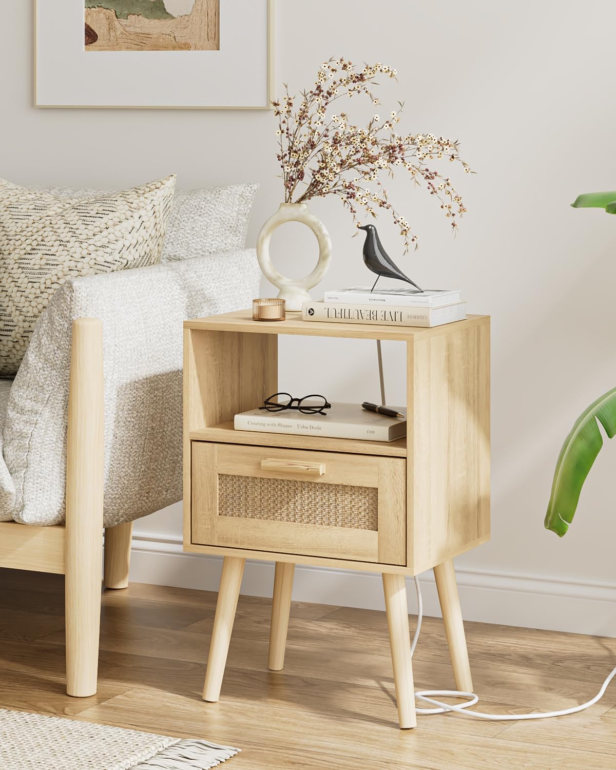 AEPOALUA Nightstands with Charging Station, End Table, Rattan Nightstand, Side Table with Hand Made Rattan Decorated Drawers, Wood Accent Table with Storage for Bedroom