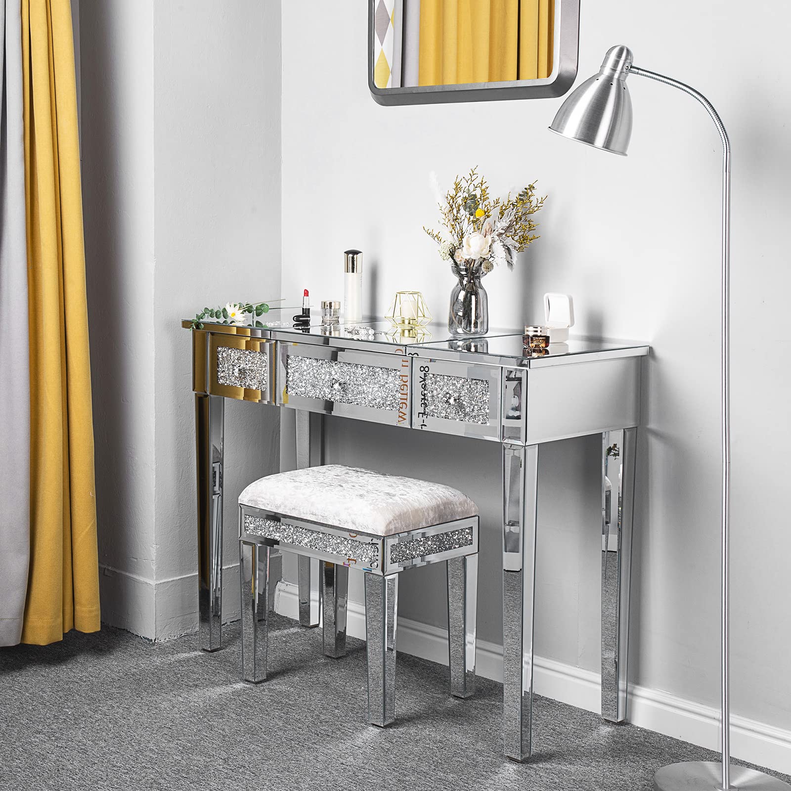 VINGLI Mirrored Vanity Desk with Drawers and Flip Mirror, Glass Vanity, Mirrored Vanity Table, Mirror Vanity Silver Desk, Mirrored Makeup Vanity Table for Bedroom/Makeup Room, Silver