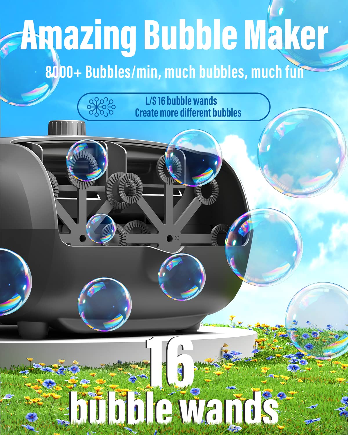Bubble Machine - 16 Wands 8000+ Bubbles/min Bubble Machine for Kids and Toddlers - 14.2oz Large Capacity Bubble Blower - Automatic Bubble Maker - Bubble Toys for Parties, Wedding, Birthday