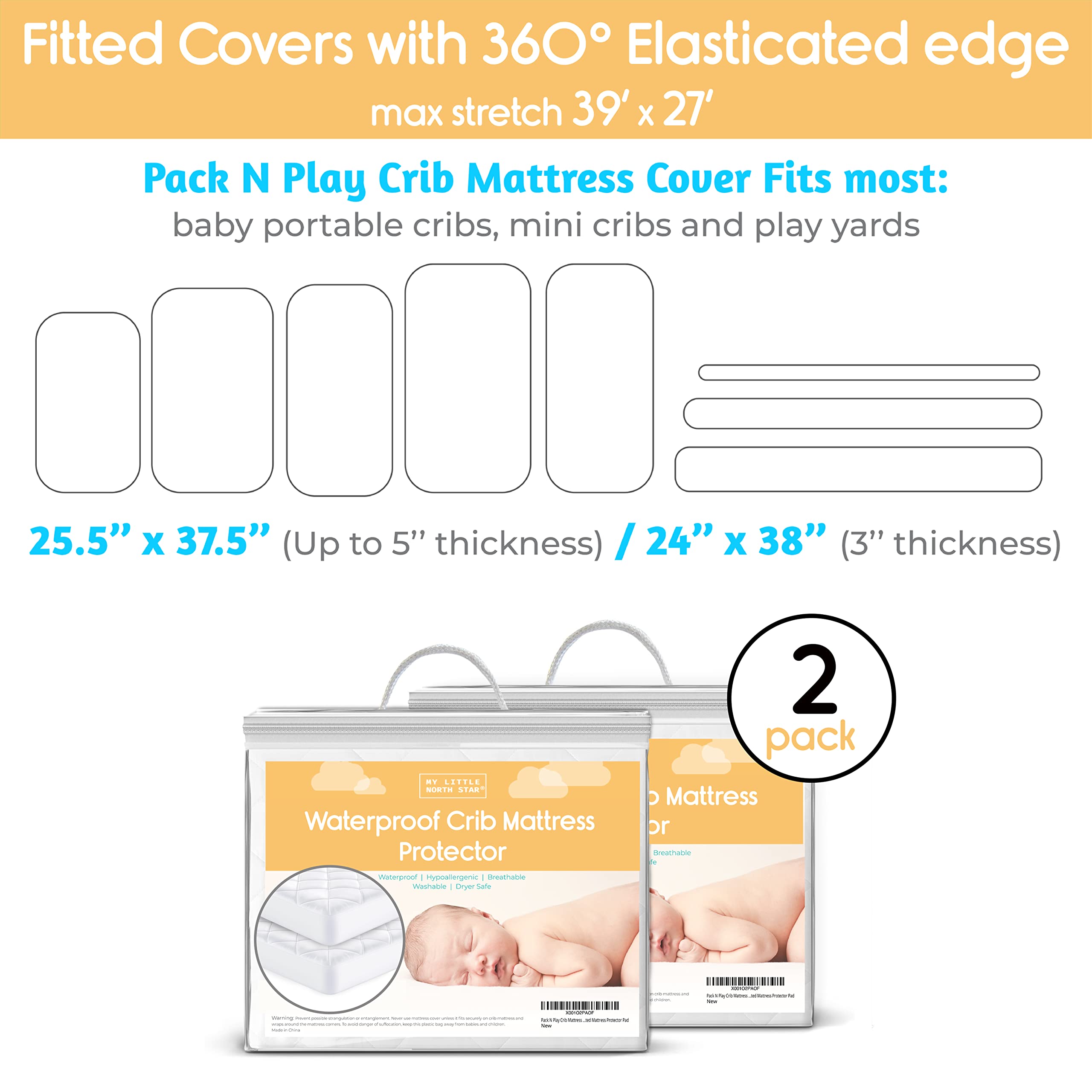 Pack n Play Fitted Waterproof Mini Crib Mattress Protector | 2 Pack | 27" X 39" | Quilted Crib Mattress Cover Pad Fits Most Pack n Plays, Mini Crib, Playards and Foldable Mattresses