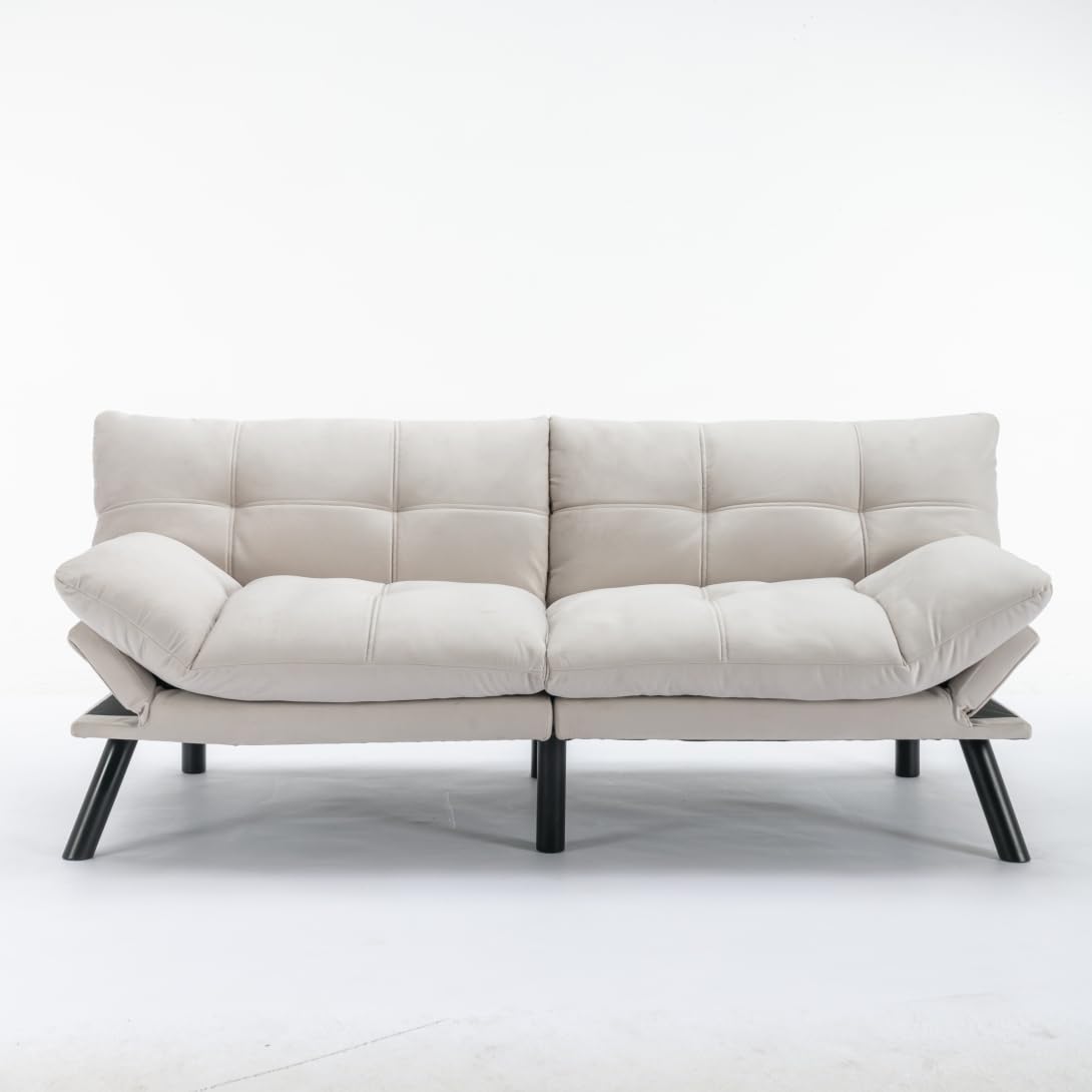 70.87" Velvet Futon Sofa Bed, Modern Convertible Sleeper Sofa Couch with Adjustable Backrest and Armrests, Tufted Loveseat Sofa with Metal Legs for Living Room, Bedroom, Apartment, Cream