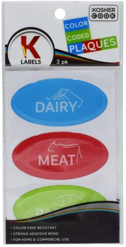 6 Kosher Plaques and Labels โ 2 Blue Dairy, 2 Red Meat, 2 Green Parve - Self Adhesive, Color Fade Resistant โ Color Coded Kitchen Stickers by The Kosher Cook