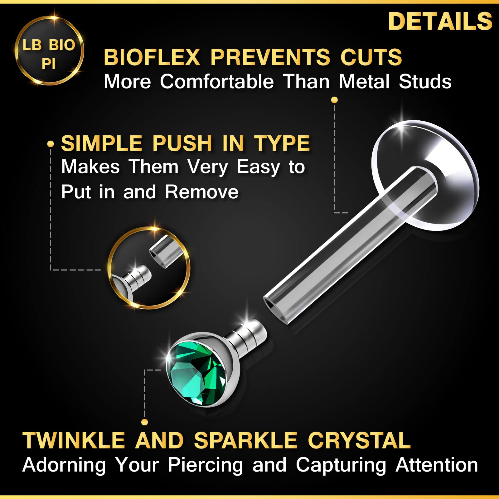 2PCS Acrylic Push In Lip Rings 16 gauge 1/4 6mm 2mm Clear Crystal Ball Auricle Earrings Marilyn Monroe Piercing Jewelry 0293