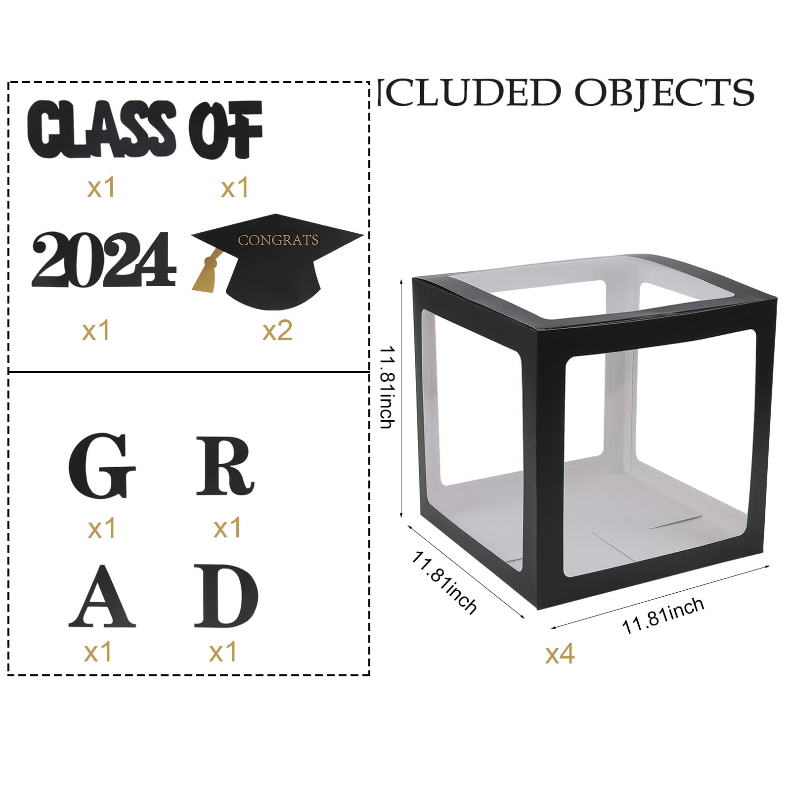 2024 Graduation Balloon Boxes Decorations, 4 pieces Black Graduation Party Balloons Boxes with “GARD” “Class of 2024” Letters, Little Cap Graduation Decorations for Congrats Grad 2024 Decor