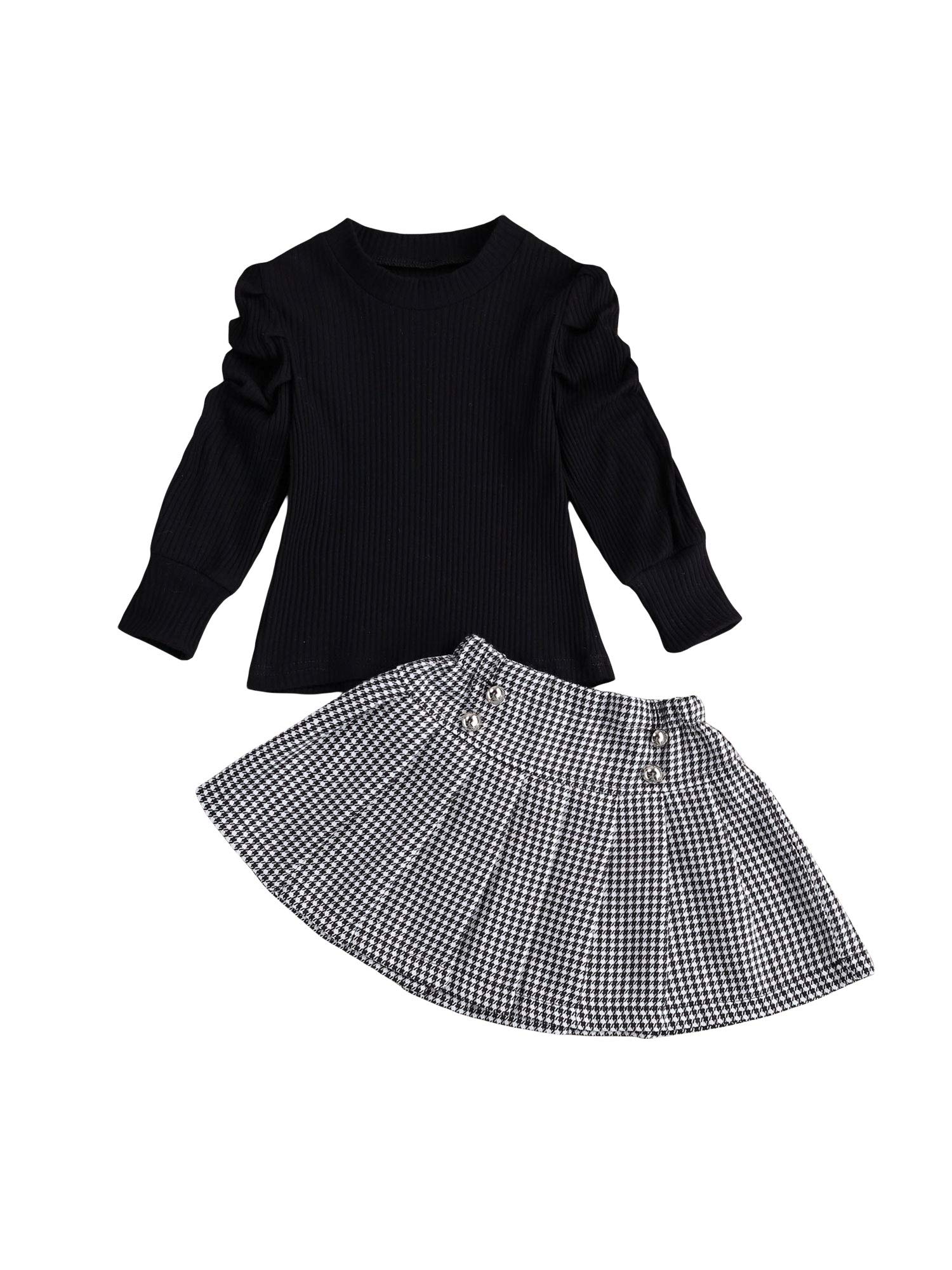Sasaerucure Kids Toddler Baby Girl Outfit Knitted Long Puff Sleeve Sweater Tops with Houndstooth Skirt 2pcs Winter Spring Clothes Set (Black, 6-7 Years)