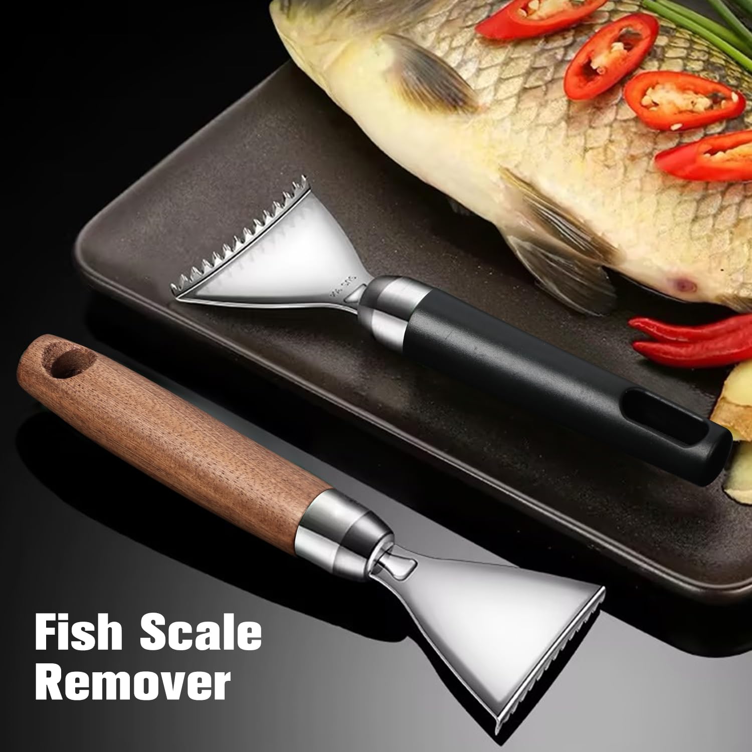 2Pcs Stainless Steel Sharp Durable Fish Scale Remover,304 stainless steel Fish Scale Remover,Portable Cordless Kitchen Fish Scaler Fish for Chef and Home Cooks Fish Cleaning tools(Black+Brown)