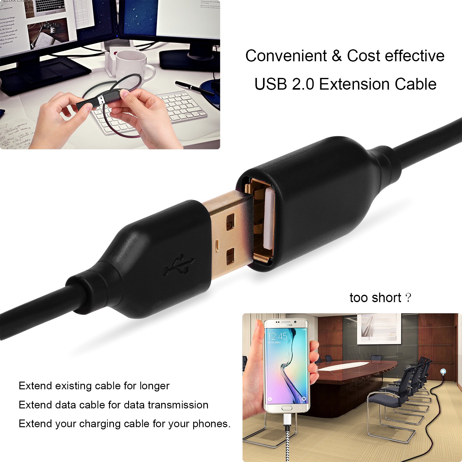 Besgoods USB Extension Cable, 2-Pack USB 2.0 6ft USB to USB Extension Cable Extender Cord - A Male to A Female USB Extension Cord with Gold-Plated Connector – Black