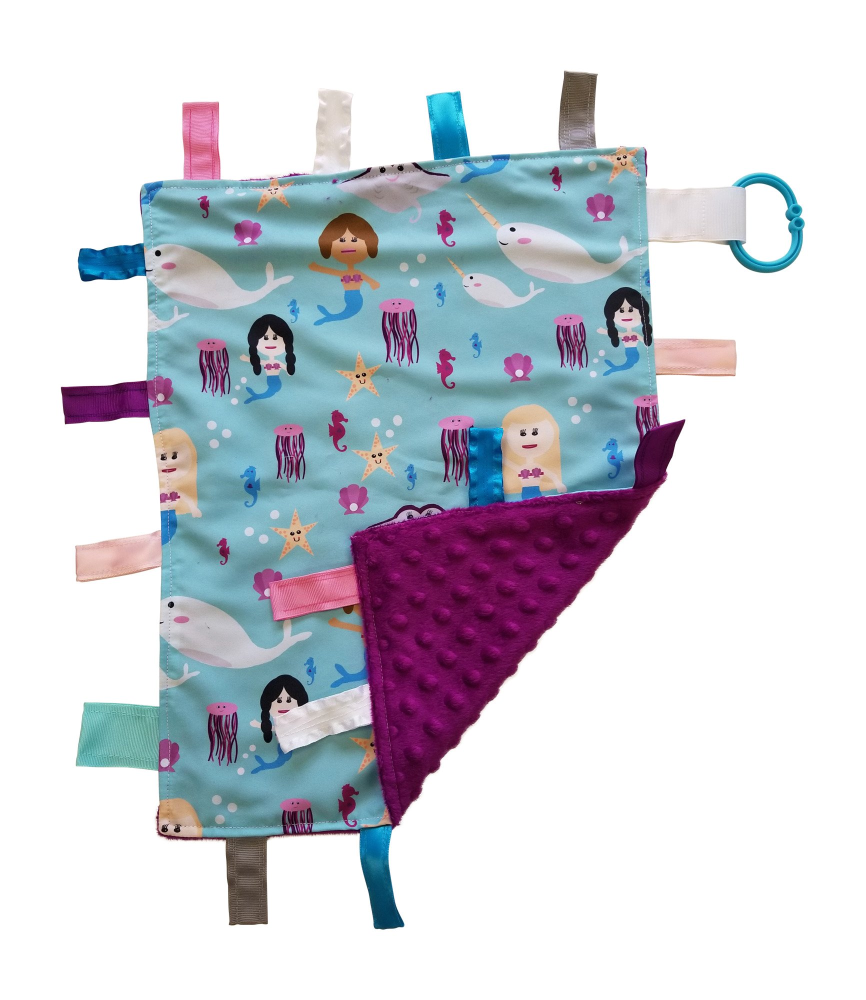 Baby Sensory, Security & Teething Closed Ribbon Tag Lovey Blanket with Minky Dot Fabric: 14”X18” (Mermaids and Narwhals)