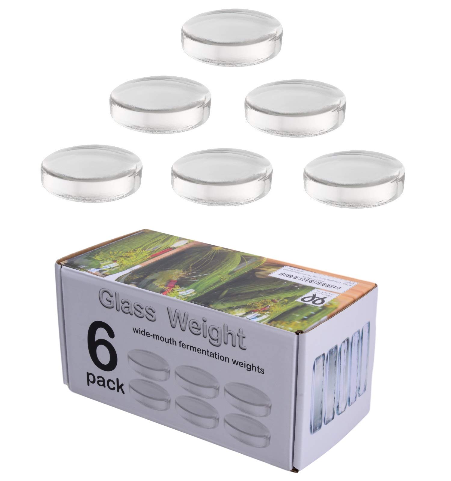 6 Pack - Large glass fermentation weights for wide mouth Mason jars. Preservation and Pickling. Dishwasher safe. Gift box included. Premium Presents brand