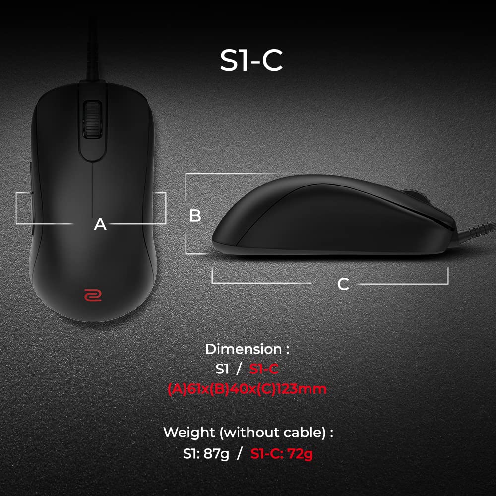 BenQ Zowie S1-C Symmetrical Gaming Mouse | Professional Esports Performance | Driverless | Paracord Cable | Revisioned C-Features | Matte Black | Medium Size