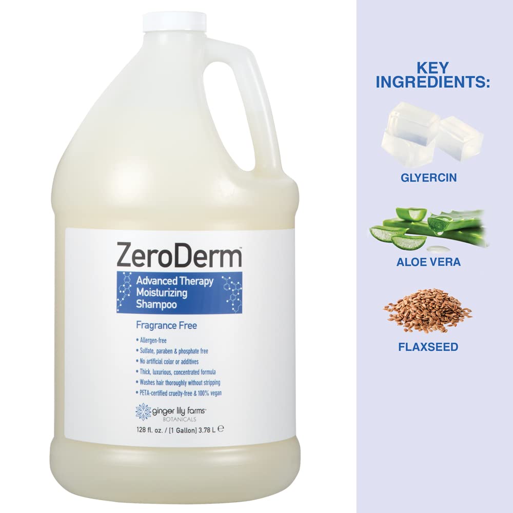 Ginger Lily Farms Botanicals ZeroDerm Advanced Therapy Moisturizing Shampoo for All Hair Types, 100% Vegan & Cruelty-Free, Fragrance Free, 1 Gallon (128 Fl. Oz.) Refill
