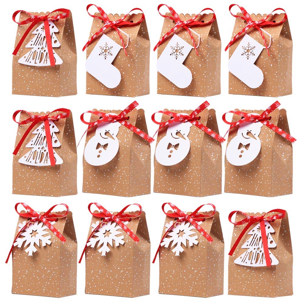 AerWo 12pcs Christmas Kraft Gift Bags, Holiday Paper Gift Bags Kraft Paper Treat Bags with Tags for Christmas Party Supplies, 5 x 3 x 7 Inch Mini Xmas Goodies Bags