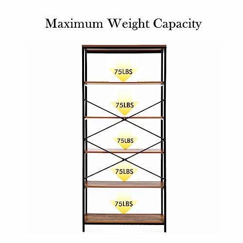 Aceshin 6 Tier Bookcase, Solid Wood Bookshelf Rustic Vintage Industrial Bookcase, Metal and Wood Vintage Bookshelf (6 Tier)