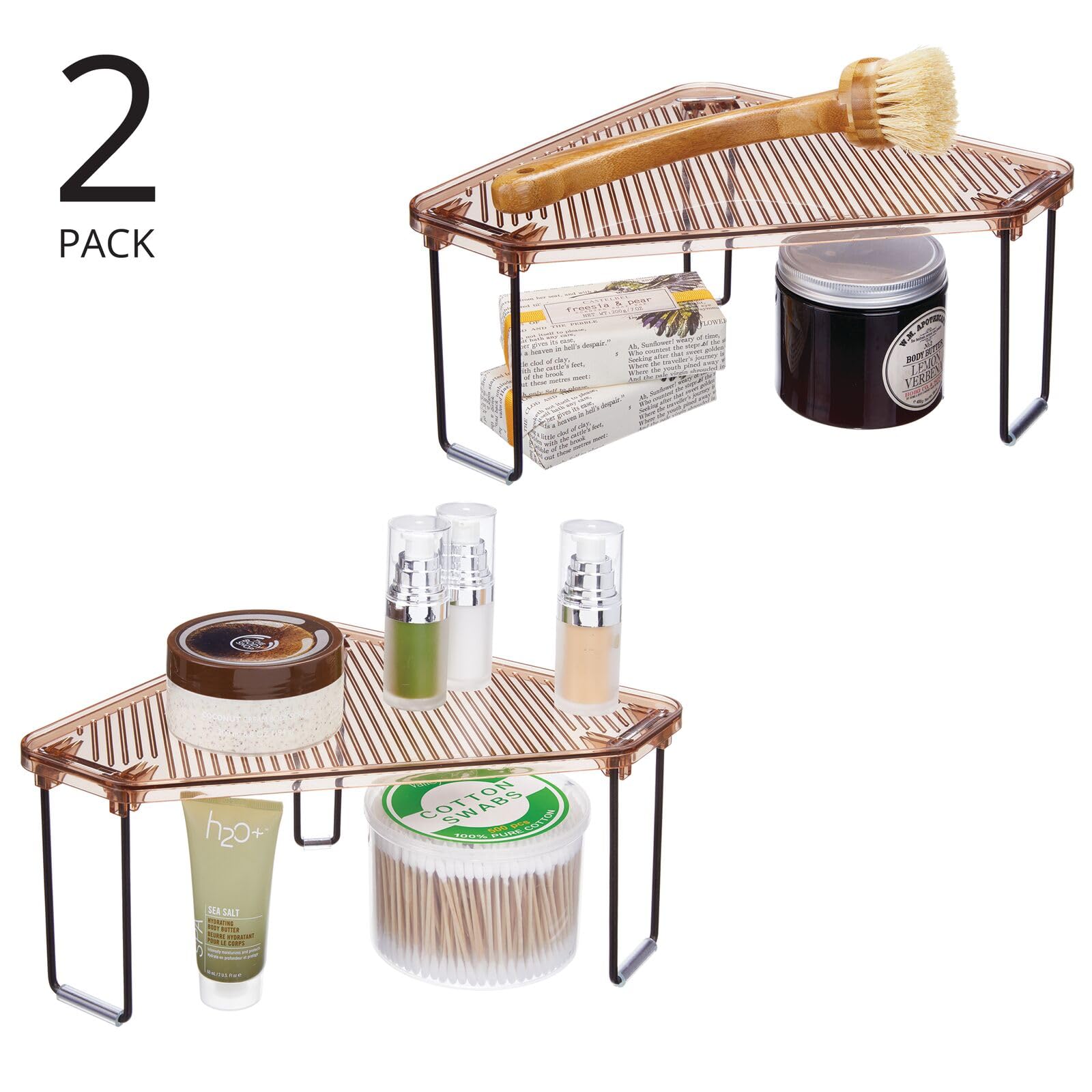 mDesign Plastic/Steel Corner Stackable Rack, Storage Organizer Shelf for Bathroom, Vanity, Countertop, Sink, Cabinet, Holds Makeup, Shower Accessories, Ligne Collection - 2 Pack - Bronze/Amber