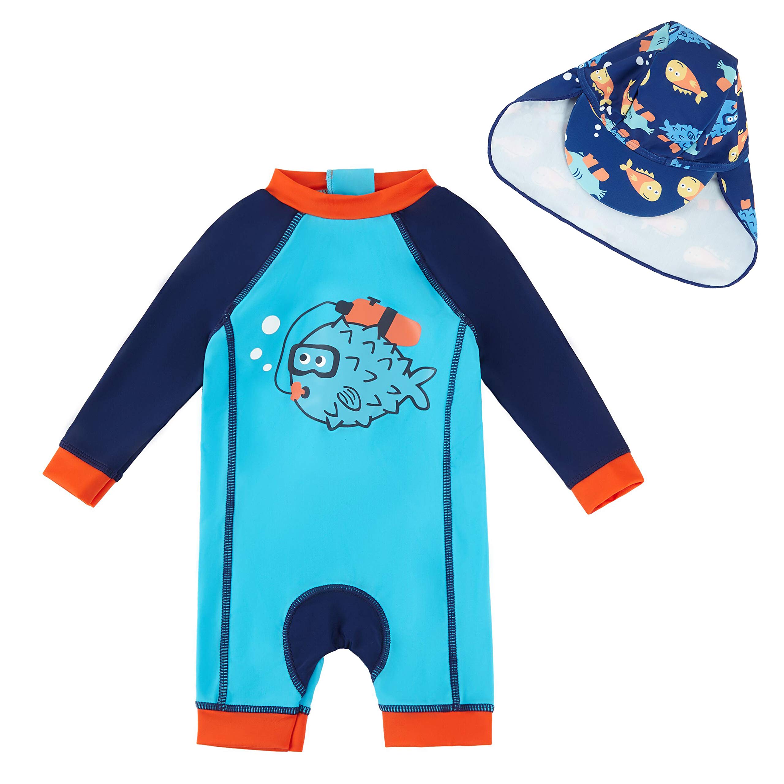 upandfast Baby Boy Swimsuit UPF 50 One Piece Infant Boy Bathing Suit with Sun Hat(Blue,6-9 Months)