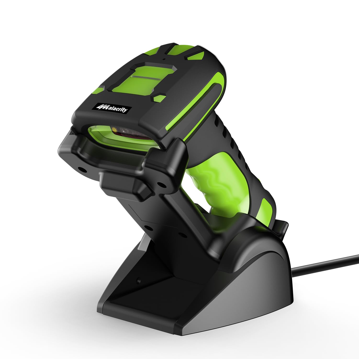Alacrity Wireless Charging Barcode Scanner, 1D/2D Symbologies, Global Shutter Scan Sensor, Long-Distance 433MHz Wireless & Bluetooth Connectivity, Industrial Shock and Dust-Proof Barcode Reader, Green