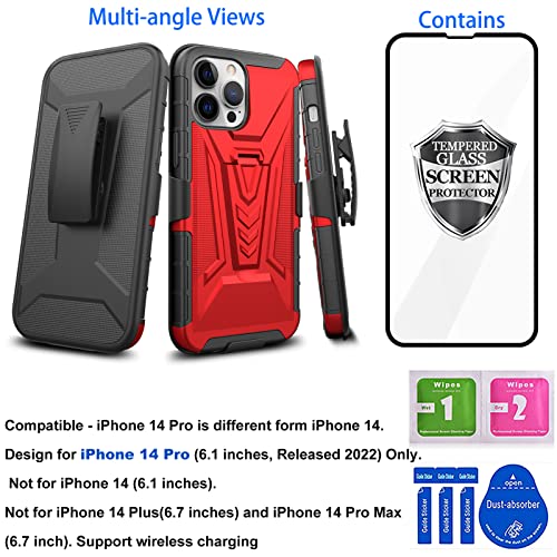 Ailiber Compatible with iPhone 14 Pro Phone Case, iPhone 14Pro Case with Screen Protector, Swivel Belt Clip Holster with Kickstand, Heavy Duty Full Body Shockproof Cover for iPhone 14 Pro 6.1"-Red