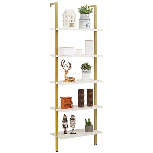 SUPERJARE Modern Ladder Shelf, 5-Tier Open Wall-Mounted Bookshelf with Stable Metal Frame, 72 Inches Storage Rack Shelves, Stand Bookcase for Home Office - White/Gold
