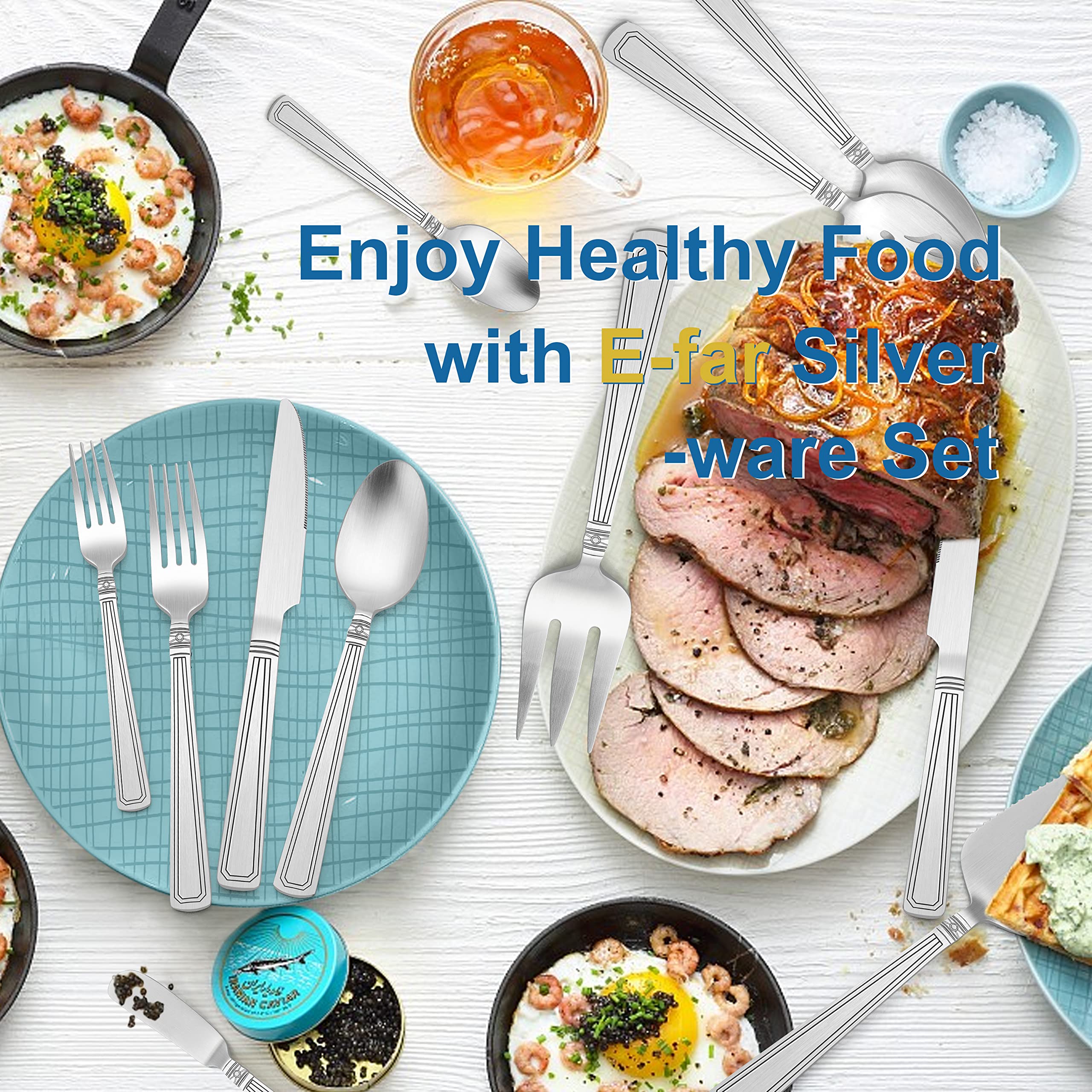 35-Piece Heavy Duty Silverware Set, E-far Stainless Steel Flatware Cutlery Set with Serving Utensils Service for 6, Antique Metal Tableware Eating Utensils for Kitchen Restaurant, Dishwasher Safe