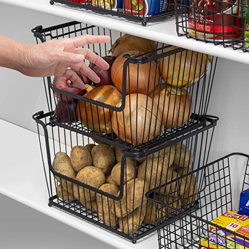 Sorbus Wire Metal Basket Bin, Stackable Storage Baskets, Cubby Bins for Food, Kitchen, Home, Pantry Snack, Vegetable, Potato, Onion, Laundry Room, Office, Farmhouse, Iron Metal (3-Pack, Black)