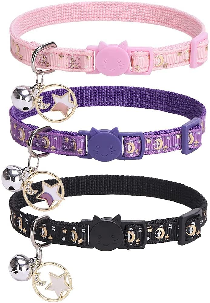 Breakaway Cat Collar with Bells - 3 Pack Charming Luminous Safe Adjustable Moon Pattern Kitten Collar Personalized with Star Pendant, Glow in The Dark