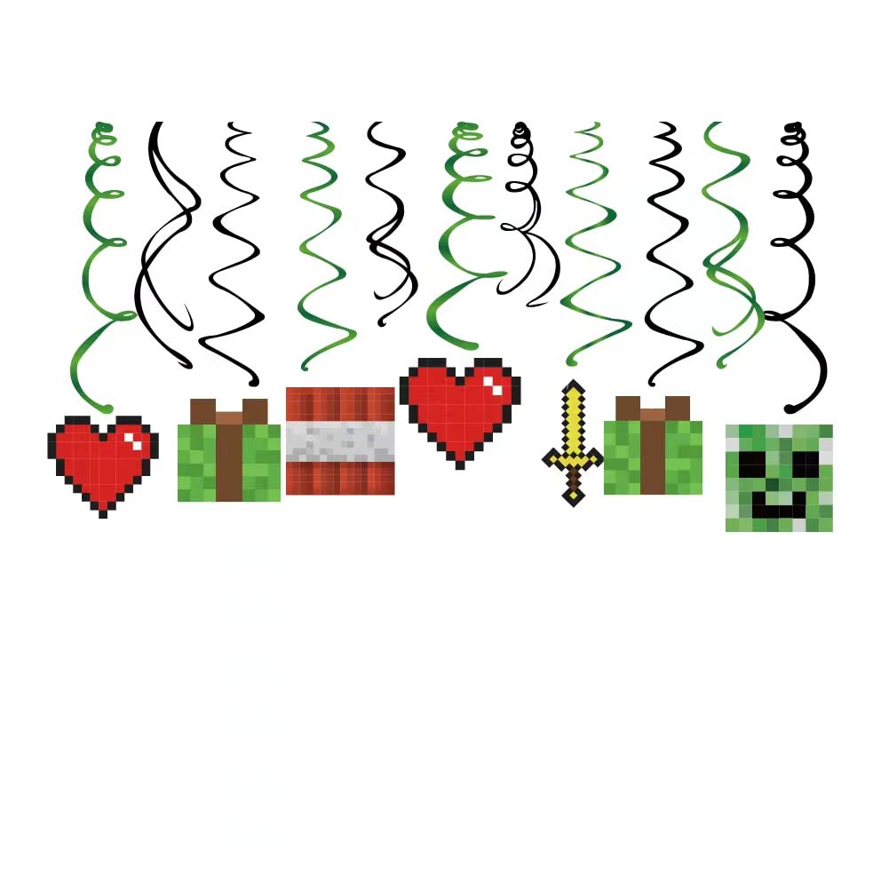 30Ct Pixel Mine Hanging Swirl Decorations - Pixel Mine Birthday Party Supplies Fan Decors