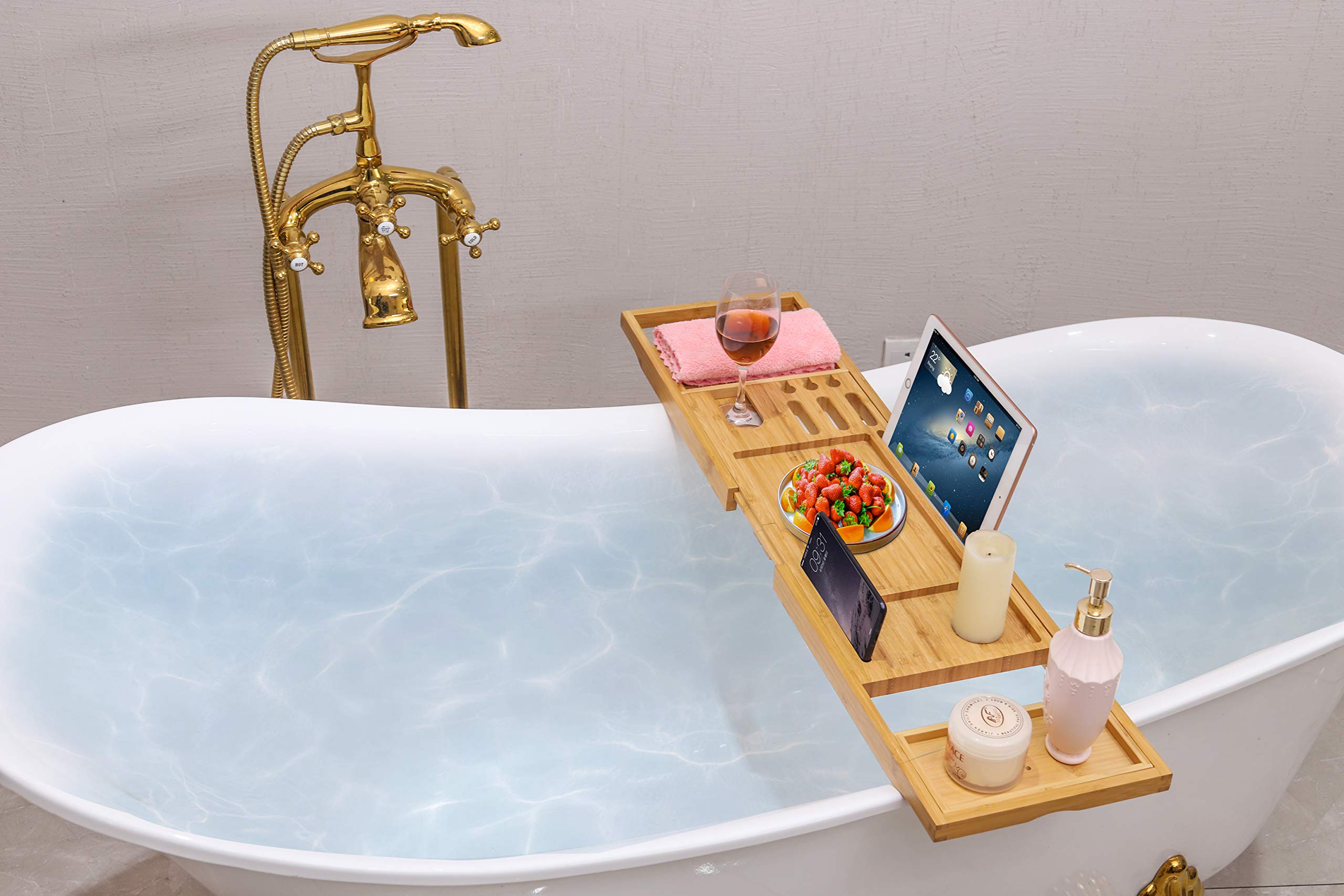 YCOCO Bathtub Tray,Expandable Bamboo Luxury Bath Tray for Tub,with Book Stand and Soap Dish,Tablet Holder,Wine Glass Slot