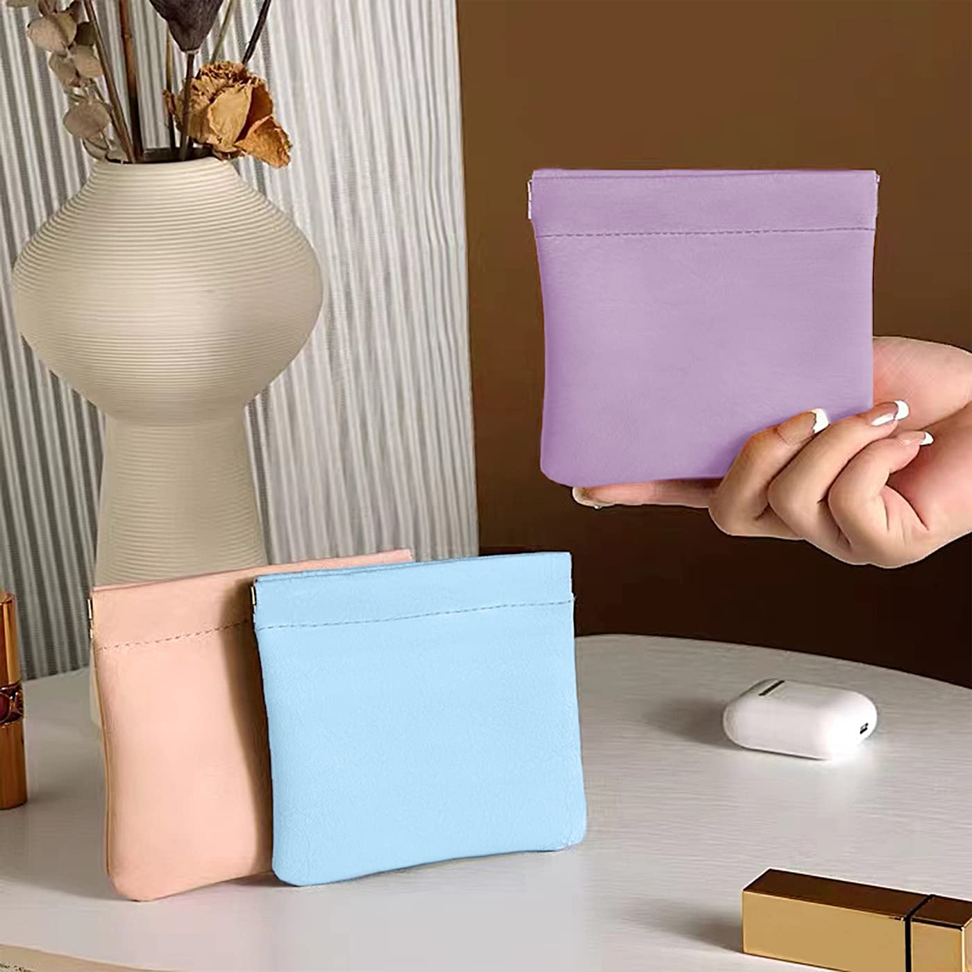 3Pcs Pouchic - Personalized Snap Closure Leather Organizer Pouch, Pocket Cosmetic Bag Squeeze Top, Self Closing Makeup Pouch, Waterproof Portable Small Bag, Women Mini Travel Bag