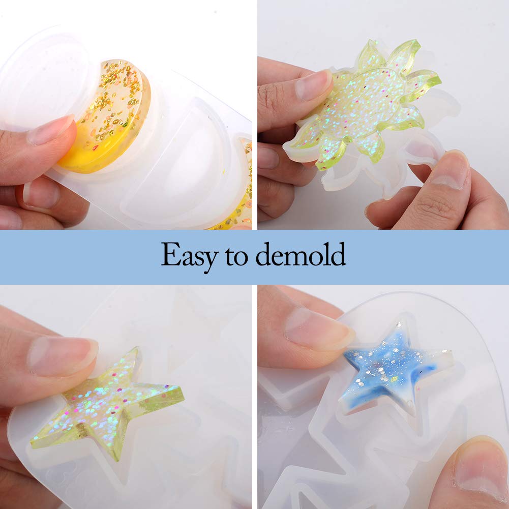 3Pcs Resin Molds for Jewelry Keychain Resin Casting Mold Silicone Mold Jewelry Mold for Resin Epoxy Moon Star Sun Shapes with Keyrings String