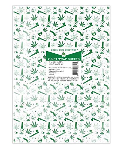 Green Card Greetings Gift Wrapping Paper Sheet, hemp theme, pipe, edibles pattern, 2 sheets - 7.5 sq. ft ea