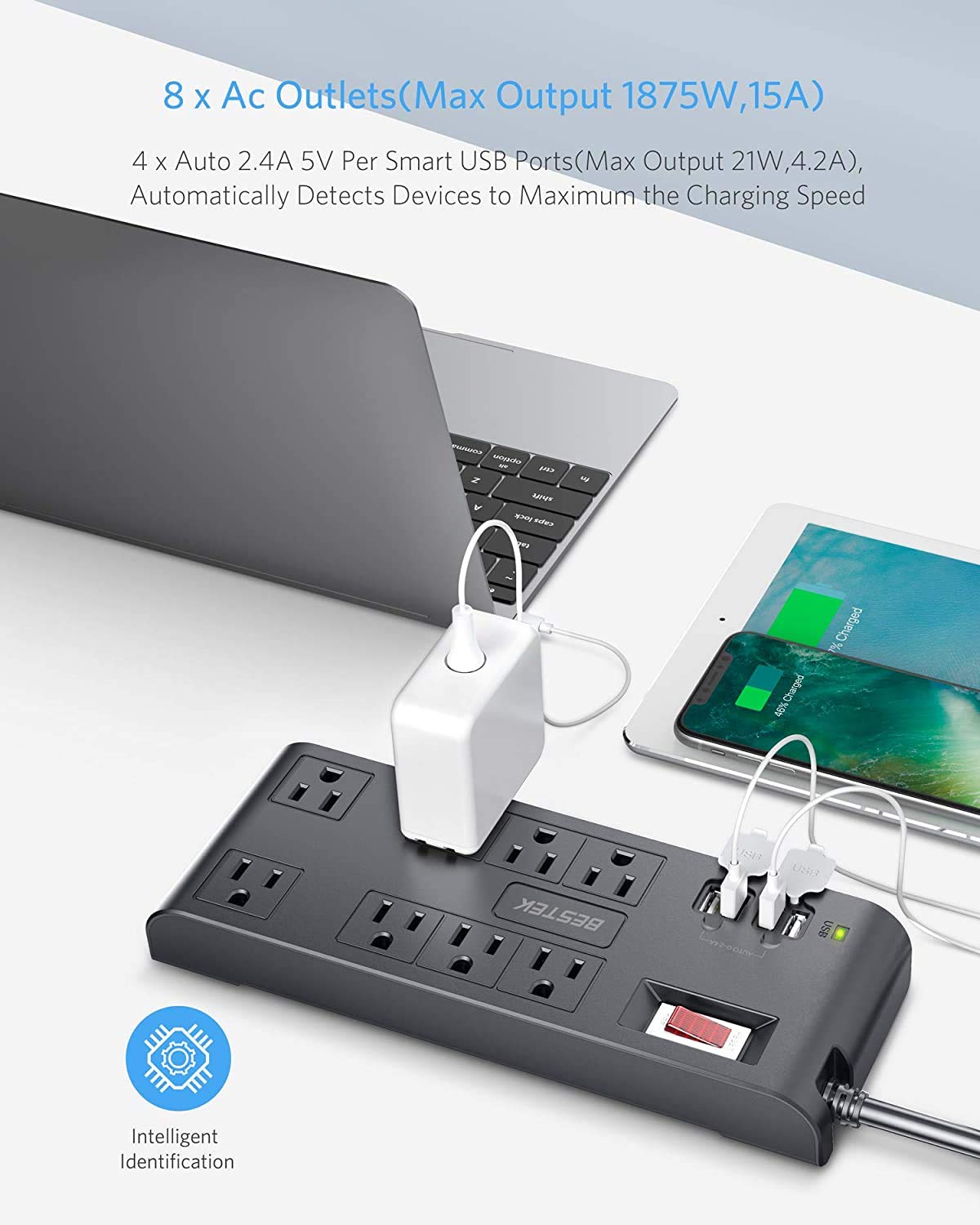 BESTEK 8-Outlet 6 Feet Extension Cord Power Strip with USB 15A 1875W Surge Protector with 5V 4.2A 4 USB Port Desktop Charging Station,600Joule,Grey