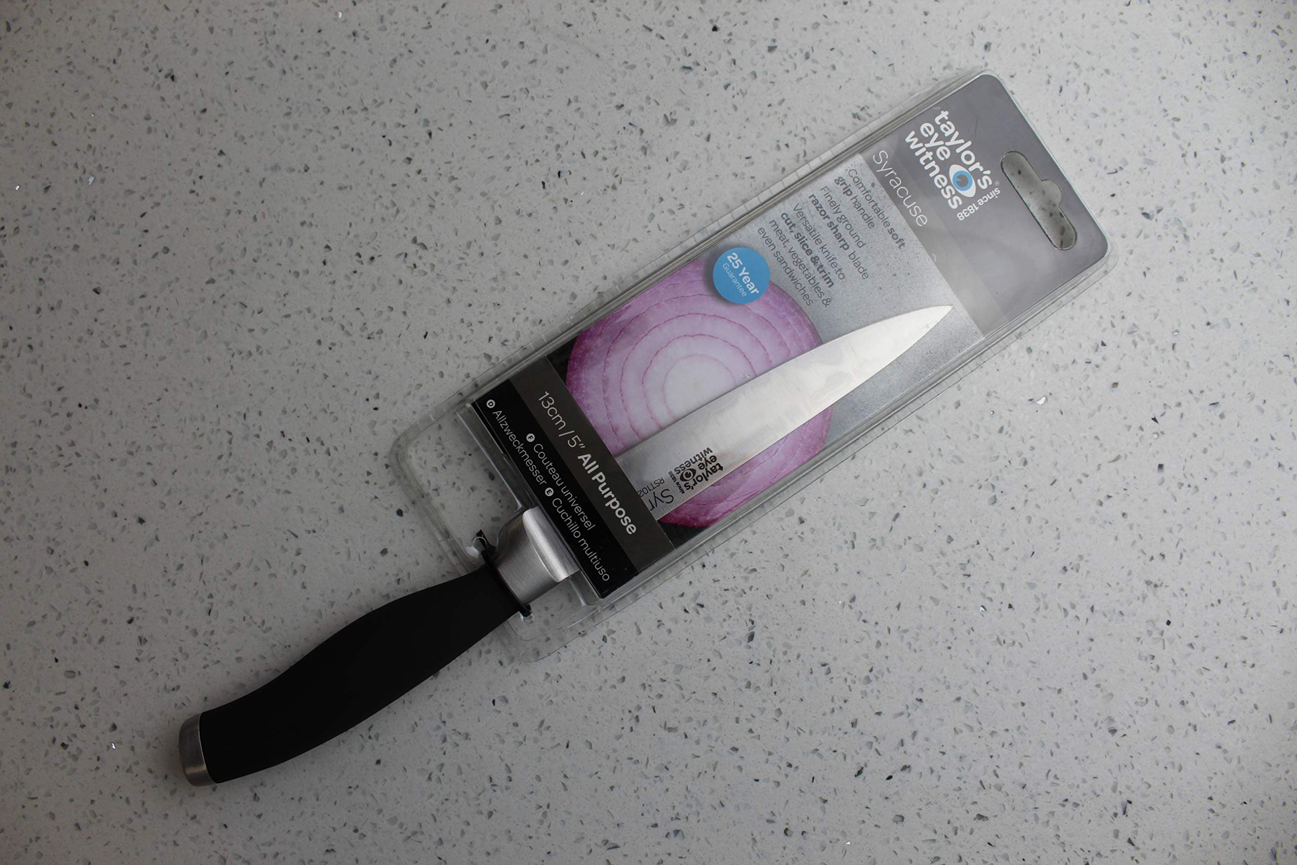 Taylors Eye Witness Syracuse All Purpose Kitchen Knife - Professional 13cm/5β Cutting Edge, Multi Use. Ultra Fine Blade, Precision Ground Razor Sharp. Soft Textured Grip Matte Black Handle.