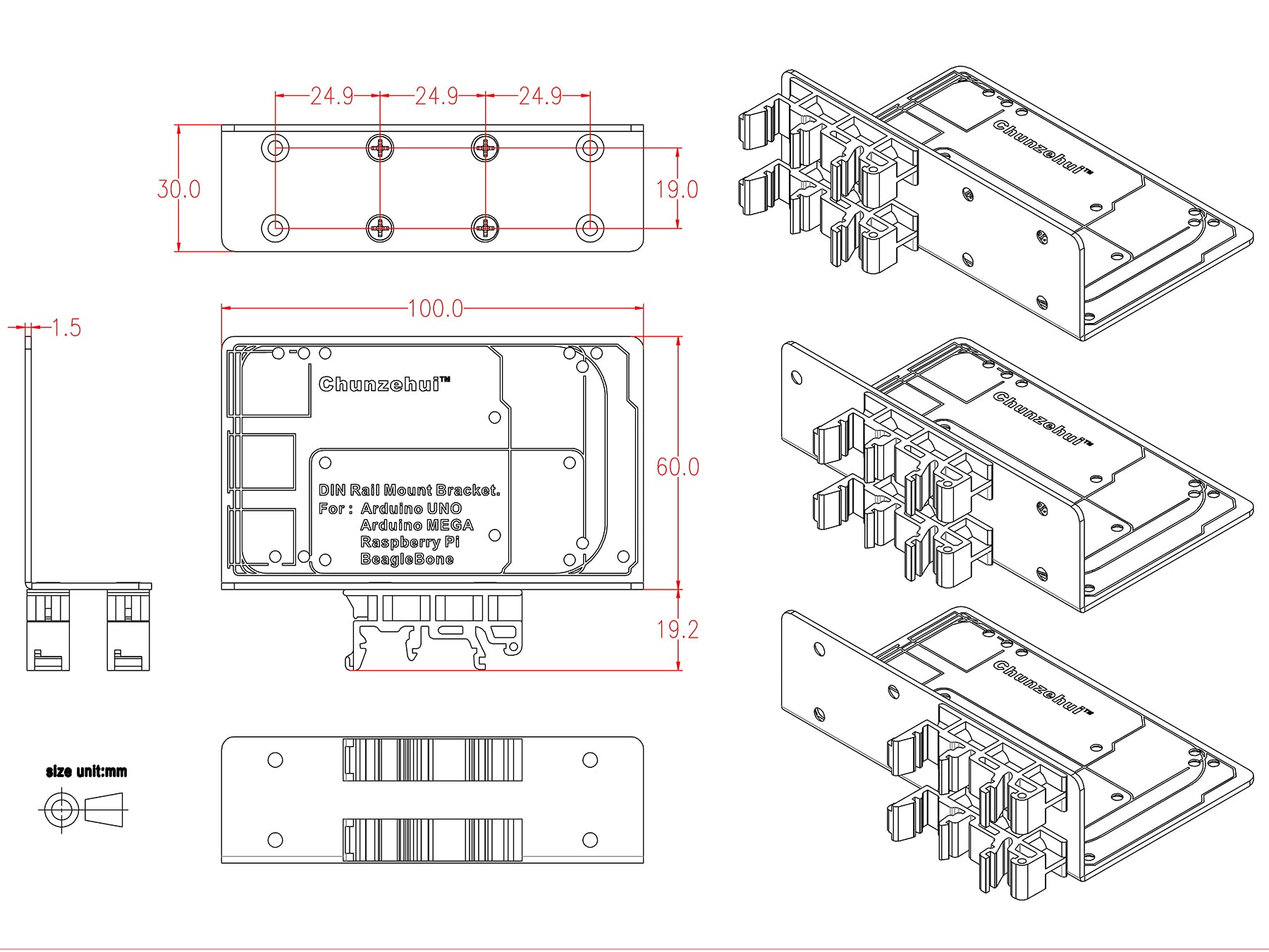 DIN Rail Mount Bracket for Raspberry Pi 1A+ 1B+ 2B 3B 3B+ 4B Zero, UNO Mega-2560 BeagleBone Black