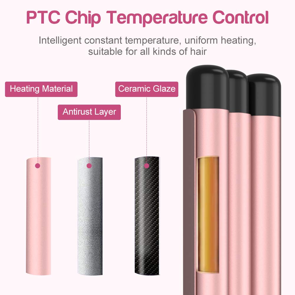 3 Barrel Curling Iron Wand 25mm Hair Waver Crimper Hair Iron with LCD Display, Ceramic Tourmaline Triple Barrels Temperature Adjustable, Dual Voltage (Rose Gold)