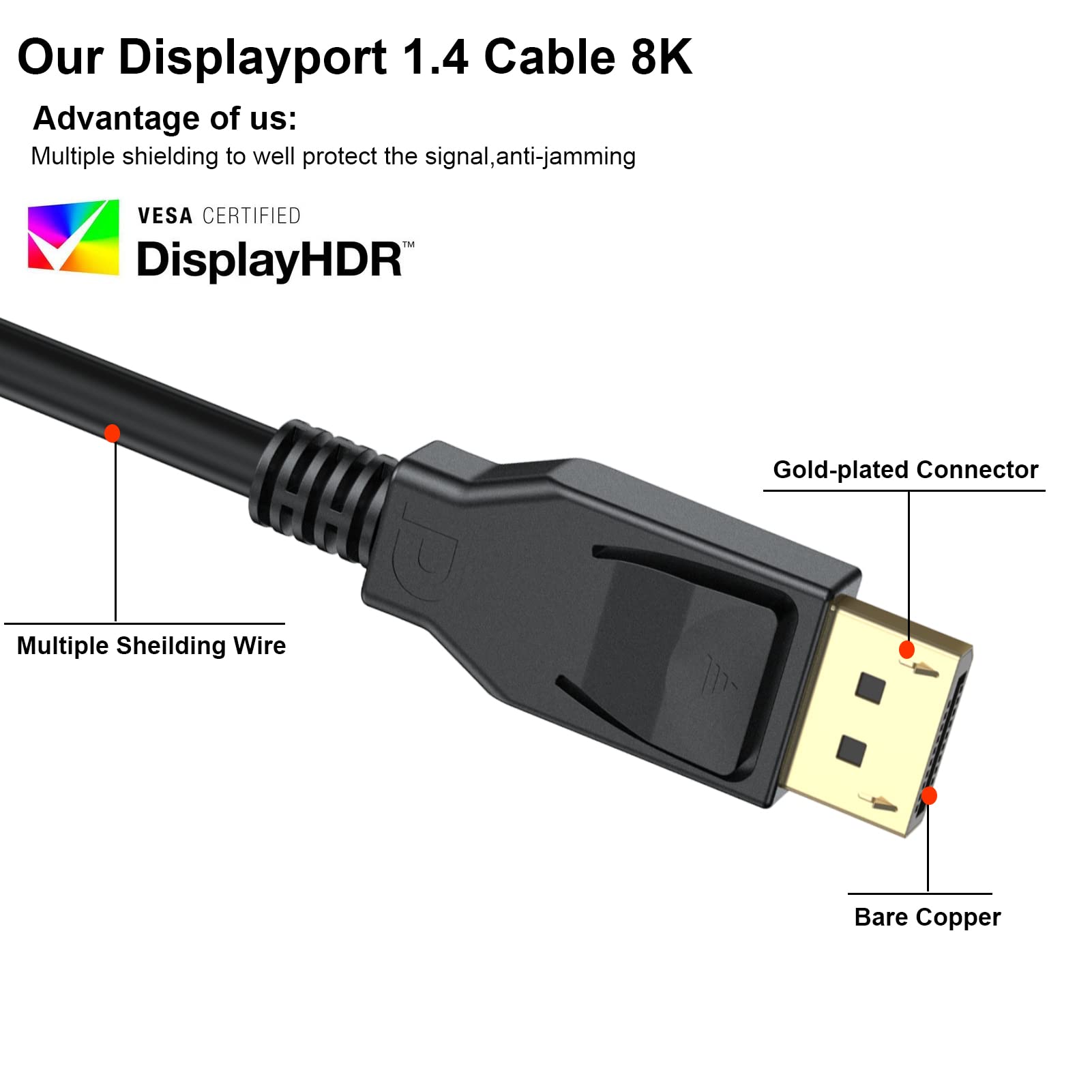 UVI2 8K DisplayPort to DisplayPort 1.4 Cable, VESA Certified Display Port Cable 6ft, DP to DP Cable Cord Support [1440P@144Hz, 1080P@240Hz, 4K@120Hz, 8K@60Hz] & HDR