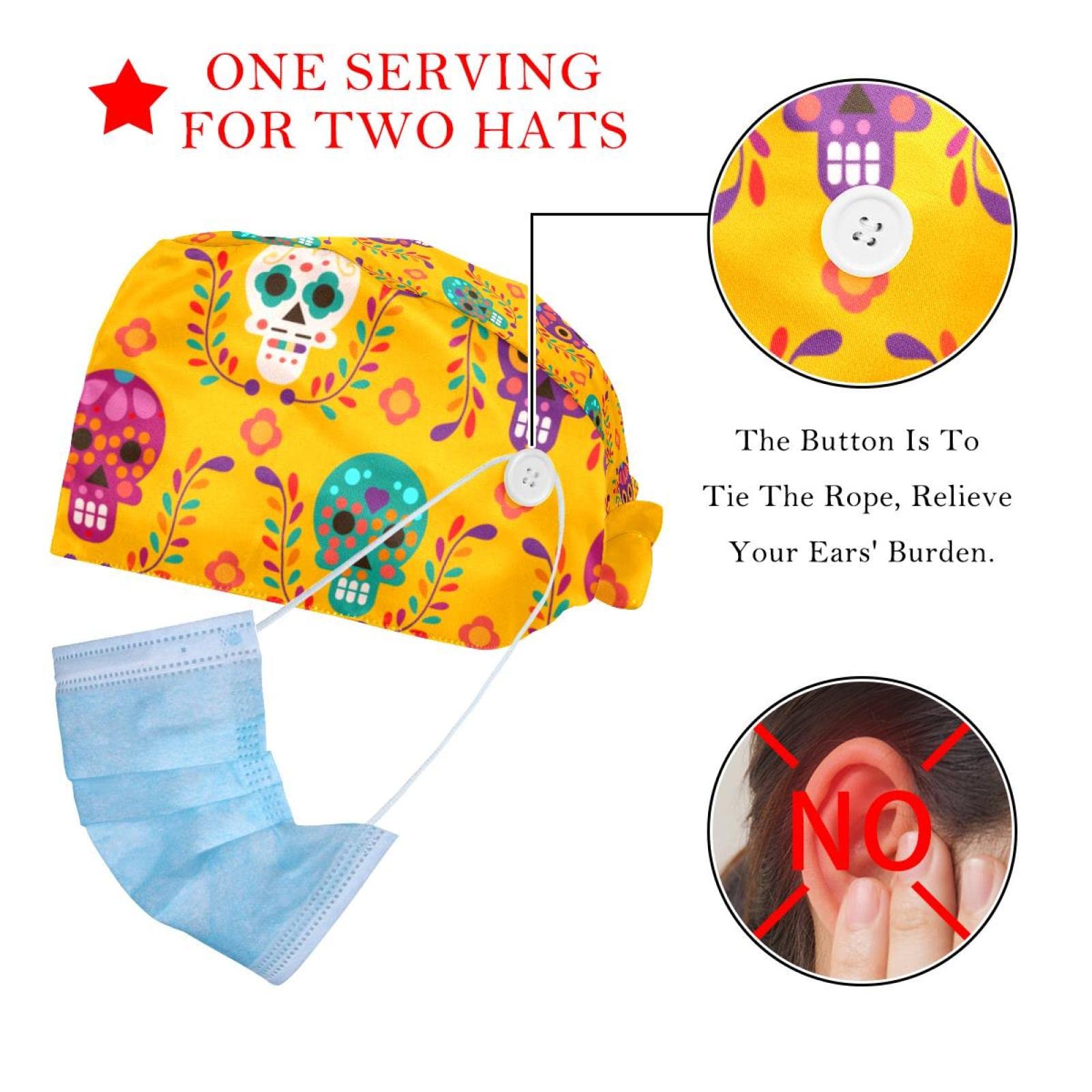 2 Packs Adjustable Working Cap with Buttons, Sugar Skull Working Hat Sweatband for Women & Men, One Size