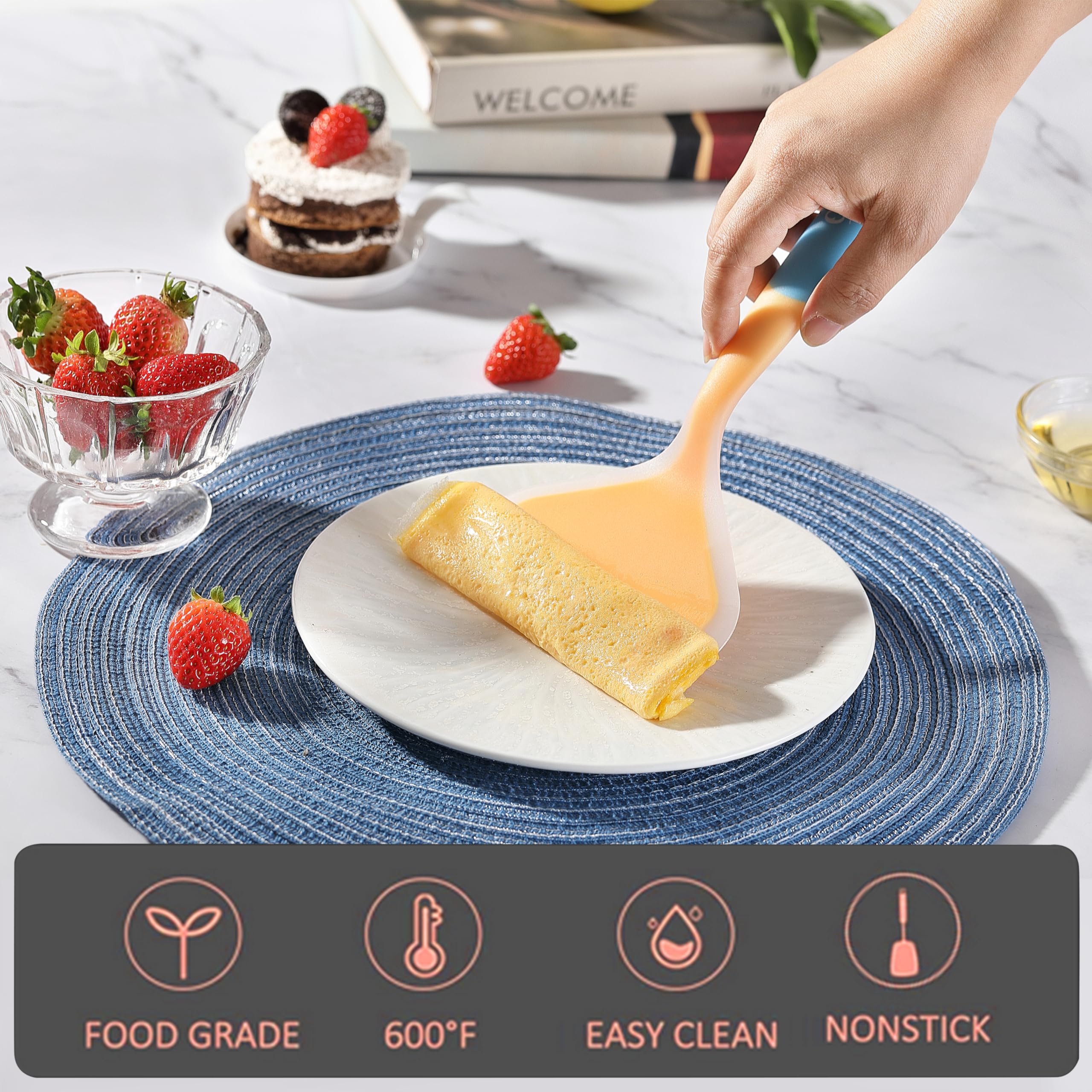2PCS Wide Silicone Spatulas, OHOLA Heat Resistant Silicone Spatula Set, Kitchen Spatula for Pancake, Eggs, Fish and more, Flexible Turner with Short Handle, BPA-FREE, Dishwasher Safe (Multi-Color)