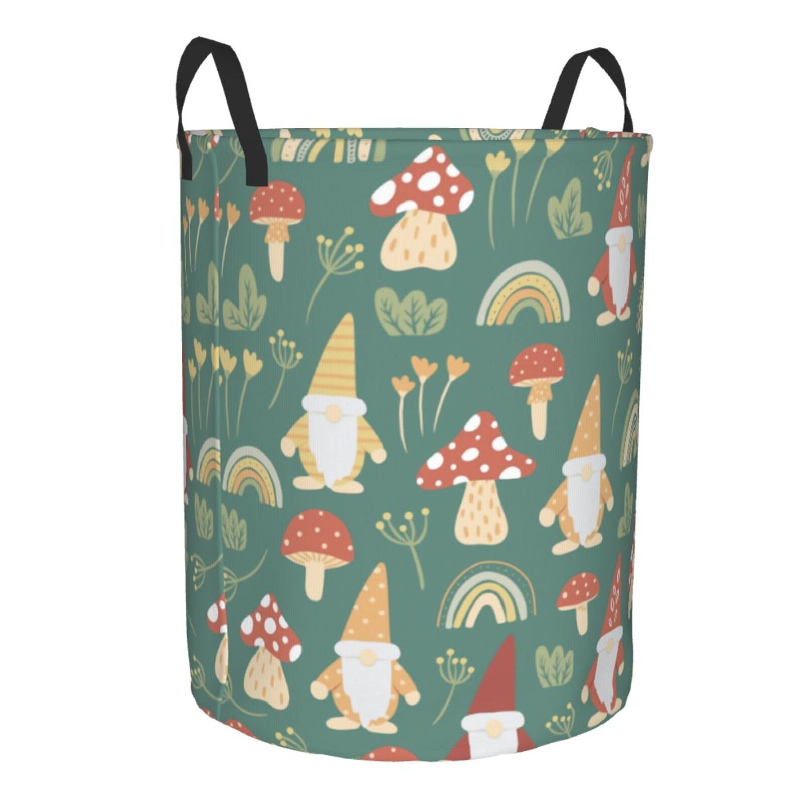AFHYZY Gnome Laundry Hamper Collapsible Laundry Baskets with Handles Dirty Foldable Clothes Basket Easy Carry Laundry Bag Round Storage Basket for Blanket, Bedroom, Dorm, Family (S) -Mushroom