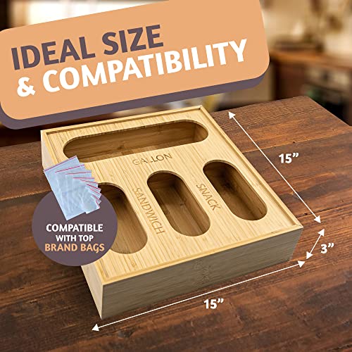 Bhouma - Ziplock Bag Drawer Organizer with Sliding door, Bamboo Kitchen Drawer Organizer, Drawer Divider for Quart, Snack, Sandwich & Gallon Bags, Kitchen Organizer, 15x15 inch, Rounded Interiors