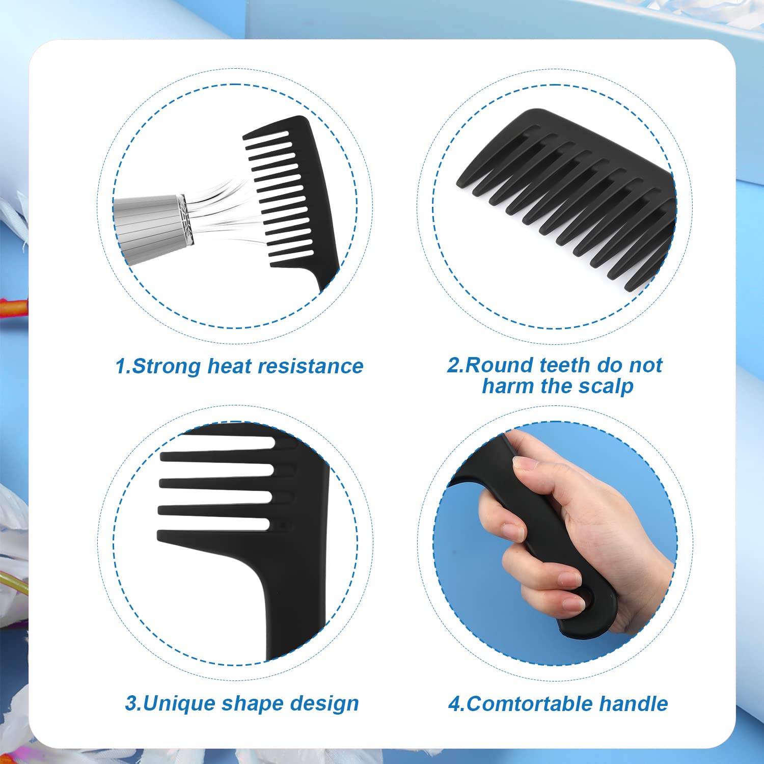2Pcs Wide Tooth Comb for Curly Hair, Large Shark Teeth Comb Detangler for Brushing Out Curls Plastic Hairstyle Tool for Wet Wavy Thick Hair Wigs Barber Salon, Women Men (1 Black, 1 Silver)
