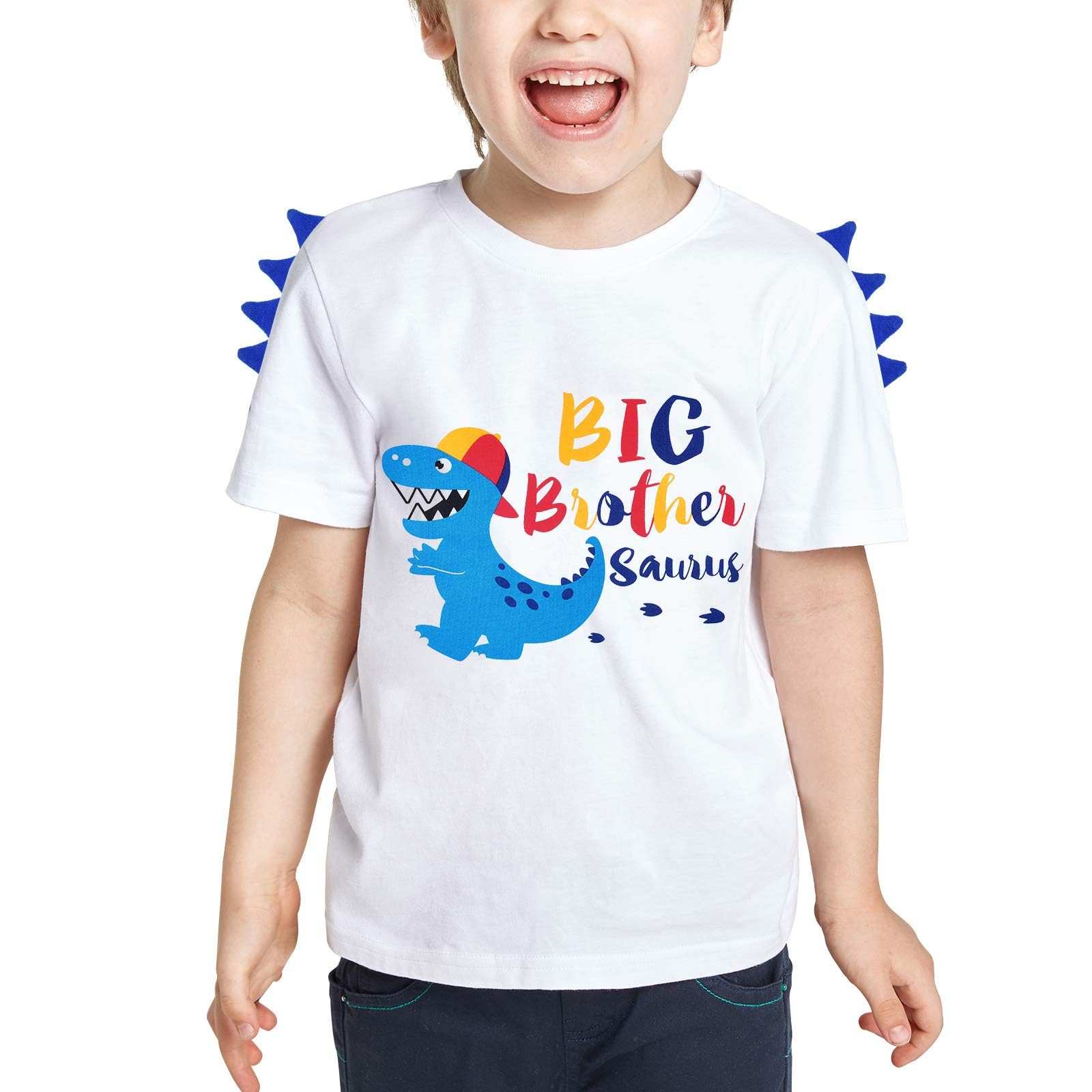 Dinosaur Big Brother Announcement T Shirt Sibling Outfits for Toddler Boys 100% Cotton Promoted to Big Brother Shirt White Print Colorful Short Sleeve Top Tee Gift (White, 4T)